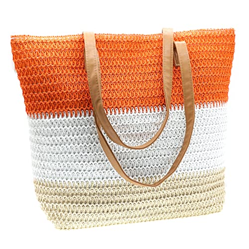 CIOOU Large Straw Tote Bag for Women Rattan Woven Beach Bag Summer Colored Stripe Shoulder Bags (orange beige nature bag totes)