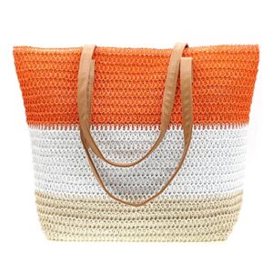 CIOOU Large Straw Tote Bag for Women Rattan Woven Beach Bag Summer Colored Stripe Shoulder Bags (orange beige nature bag totes)