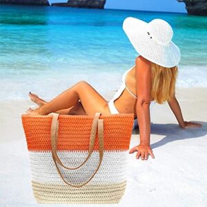 CIOOU Large Straw Tote Bag for Women Rattan Woven Beach Bag Summer Colored Stripe Shoulder Bags (orange beige nature bag totes)