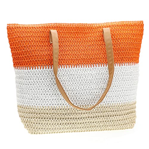 CIOOU Large Straw Tote Bag for Women Rattan Woven Beach Bag Summer Colored Stripe Shoulder Bags (orange beige nature bag totes)