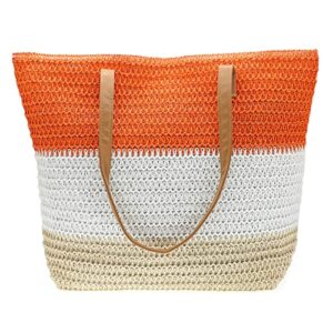 CIOOU Large Straw Tote Bag for Women Rattan Woven Beach Bag Summer Colored Stripe Shoulder Bags (orange beige nature bag totes)