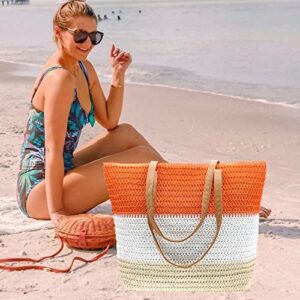 CIOOU Large Straw Tote Bag for Women Rattan Woven Beach Bag Summer Colored Stripe Shoulder Bags (orange beige nature bag totes)