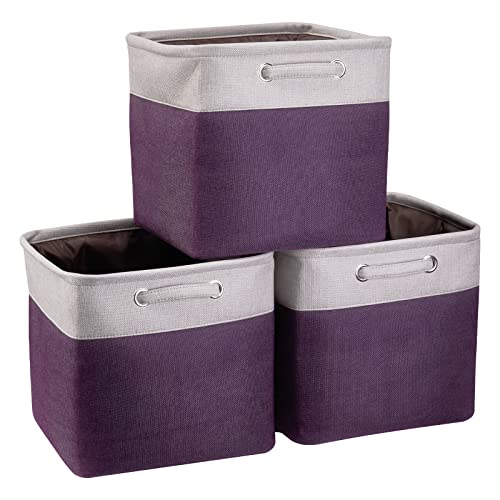 Fabric Cube Storage Boxes Foldable Storage Bins 13-Inch Dark Purple and Silver Khaki Patchwork Storage Baskets Cube Storage Bins with Handle Cubes Inserts Storage for Home and Office Supplies 13x13x13 cube organizer bin 3 Pcs/Pack, Sy-5