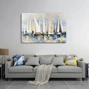 Yuegit Ocean Wall Art Sailboat Canvas Wall Art : Coastal Wall Decor Abstract Wall Art for Living Room Framed Prints for Home Decor Ready for Hang for Bedroom Bathroom Dining Room 24X36 Inch