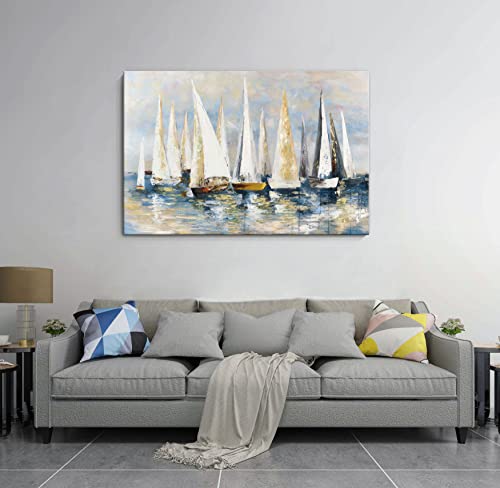 Yuegit Ocean Wall Art Sailboat Canvas Wall Art : Coastal Wall Decor Abstract Wall Art for Living Room Framed Prints for Home Decor Ready for Hang for Bedroom Bathroom Dining Room 24X36 Inch