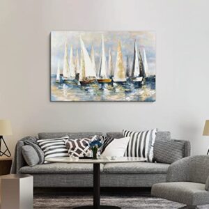 Yuegit Ocean Wall Art Sailboat Canvas Wall Art : Coastal Wall Decor Abstract Wall Art for Living Room Framed Prints for Home Decor Ready for Hang for Bedroom Bathroom Dining Room 24X36 Inch