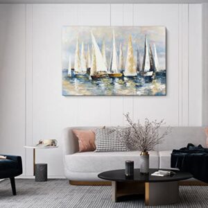 Yuegit Ocean Wall Art Sailboat Canvas Wall Art : Coastal Wall Decor Abstract Wall Art for Living Room Framed Prints for Home Decor Ready for Hang for Bedroom Bathroom Dining Room 24X36 Inch