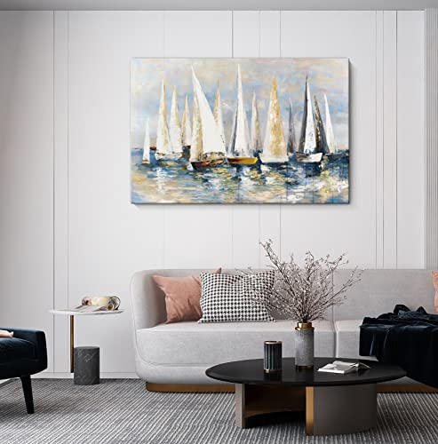 Yuegit Ocean Wall Art Sailboat Canvas Wall Art : Coastal Wall Decor Abstract Wall Art for Living Room Framed Prints for Home Decor Ready for Hang for Bedroom Bathroom Dining Room 24X36 Inch