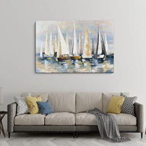 Yuegit Ocean Wall Art Sailboat Canvas Wall Art : Coastal Wall Decor Abstract Wall Art for Living Room Framed Prints for Home Decor Ready for Hang for Bedroom Bathroom Dining Room 24X36 Inch