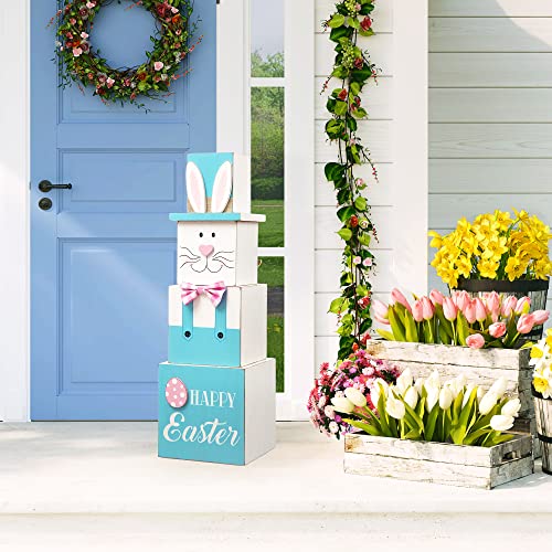 glitzhome 24.5" H Double Sided Wooden Porch Decor Easter and July 4th, Easter Bunny Uncle Sam Nesting Boxes with Lid Decorative Boxes for National Day Easter