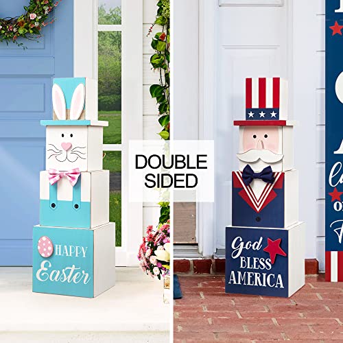 glitzhome 24.5" H Double Sided Wooden Porch Decor Easter and July 4th, Easter Bunny Uncle Sam Nesting Boxes with Lid Decorative Boxes for National Day Easter