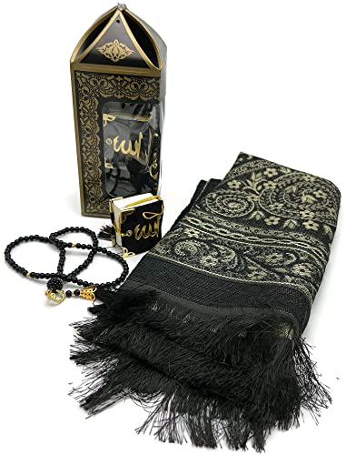 Ramadan Gift Set Prayer Rug Janamaz Seccade Pearl Tasbeeh Prayer Beads and Car Decor Mini Quran 3pcs/Set (Black)