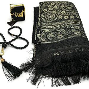 Ramadan Gift Set Prayer Rug Janamaz Seccade Pearl Tasbeeh Prayer Beads and Car Decor Mini Quran 3pcs/Set (Black)