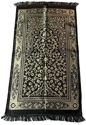 Ramadan Gift Set Prayer Rug Janamaz Seccade Pearl Tasbeeh Prayer Beads and Car Decor Mini Quran 3pcs/Set (Black)