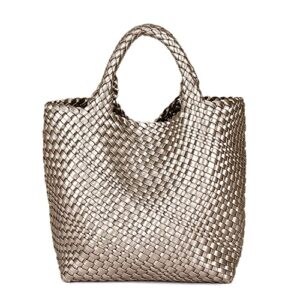 fashion woven bag shopper bag travel handbags and purses women tote bag large capacity shoulder bags(gun silver)