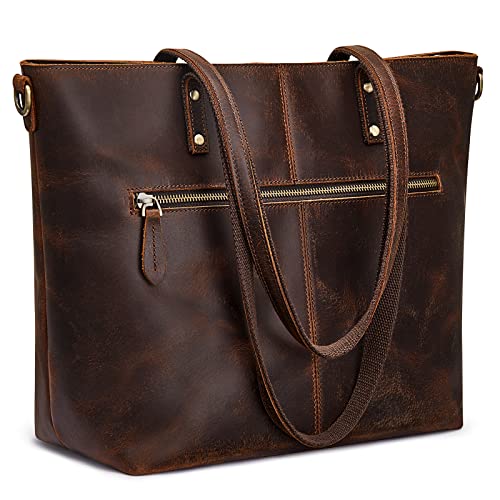 S-ZONE Genuine Leather Tote Bag for Women Vintage Shoulder Purse Work Handbag with Front Pockets