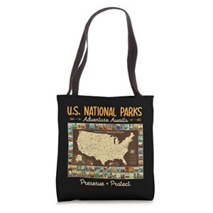 u.s. national park camping all 62 us national parks map tote bag