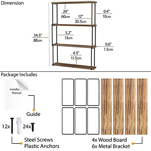 Wallniture Porto Floating Shelves for Wall Storage, Bookshelf Living Room Decor, Kitchen Organization, 4-Tier Bathroom Shelves, Wall Shelves for Bedroom Burnt Finish