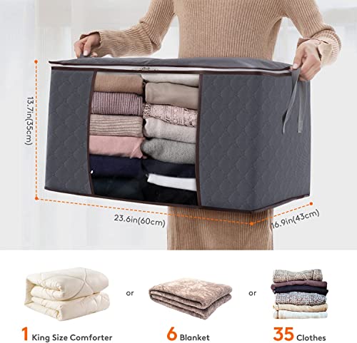 Clothes Storage Bins, Foldable Blanket Storage Bags with Lids & Handle, Closet or Underbed Organizer Containers, Grey, 90L, 3 PCS