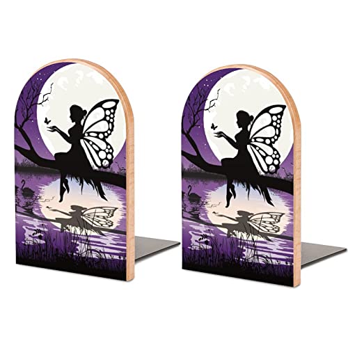 Book Ends Cute Fairy and Moon Bookends for Shelves to Hold Books Heavy Duty Non-Slip Book Stoppers Wood Decorative Home Office