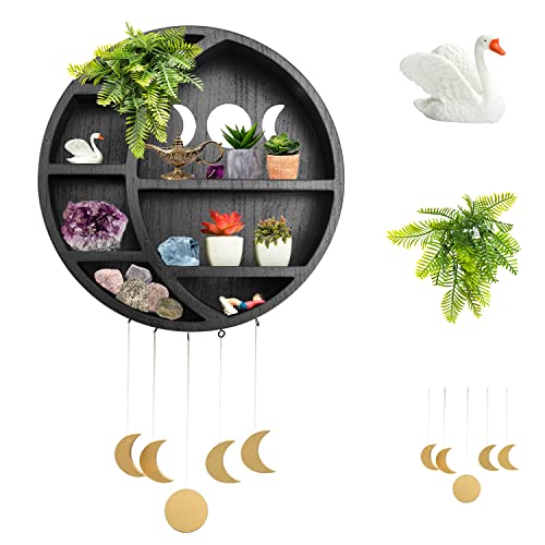 8PCS Black Moon Shelf with Plants, 5Hanging Moons and Swam|14”Crescent Moon Shelf for Crystals Stone, Essential Oil, Plant and Art| Crystal Holder Farmhouse Shelves, Wooden Hanging Floating Shelves