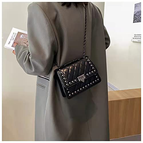 Studded Chain Bag for Women, Vegan Small Purse Messenger Shoulder Crossbody Rivet Handbag(black)