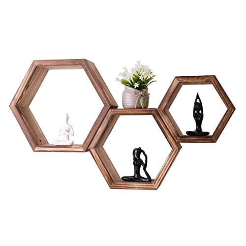 YLSMILE Hexagon Floating Shelves - Wall Mounted Set of 3 Floating Wall Shelves Wood Boho Shelves Wall Dceor Honeycomb Hexagon Wooden Shelves for Wall in Bathroom, Kitchen, Bedroom, Living Room