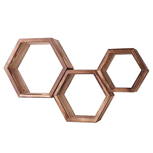 YLSMILE Hexagon Floating Shelves - Wall Mounted Set of 3 Floating Wall Shelves Wood Boho Shelves Wall Dceor Honeycomb Hexagon Wooden Shelves for Wall in Bathroom, Kitchen, Bedroom, Living Room