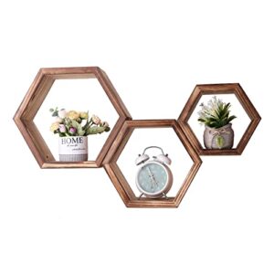 YLSMILE Hexagon Floating Shelves - Wall Mounted Set of 3 Floating Wall Shelves Wood Boho Shelves Wall Dceor Honeycomb Hexagon Wooden Shelves for Wall in Bathroom, Kitchen, Bedroom, Living Room