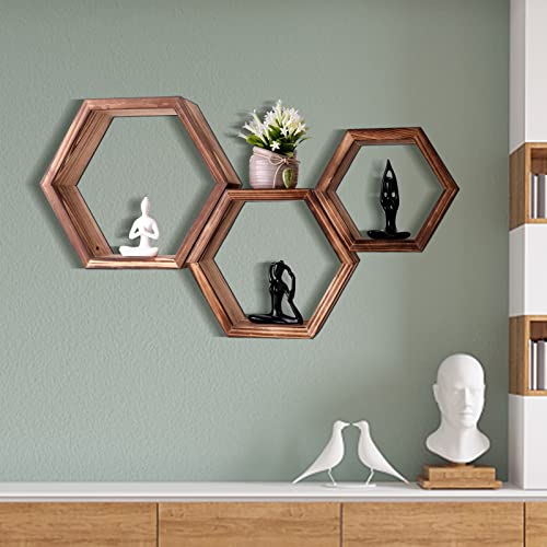 YLSMILE Hexagon Floating Shelves - Wall Mounted Set of 3 Floating Wall Shelves Wood Boho Shelves Wall Dceor Honeycomb Hexagon Wooden Shelves for Wall in Bathroom, Kitchen, Bedroom, Living Room