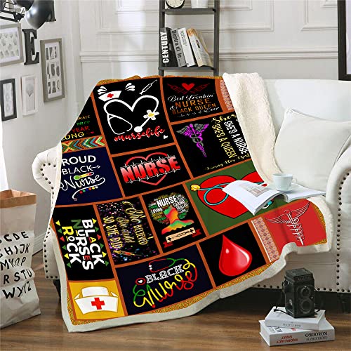 Nurse Gifts Nurse Throw Blanket RN Gifts for Black Nurses,Nurse Gifts for Women,School Nurse Gifts,Soft Fluffy Sherpa Warm Throw Blankets for Bed, Office and Couch (B,50"x 60")