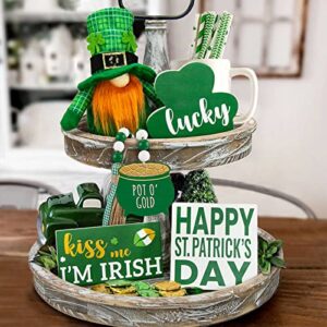 st patricks day decorations – st patricks day decor – gnomes plush, 3 wooden signs & bead garland bundle – farmhouse tiered tray items – irish shamrock happy saint patrick’s decoration for home