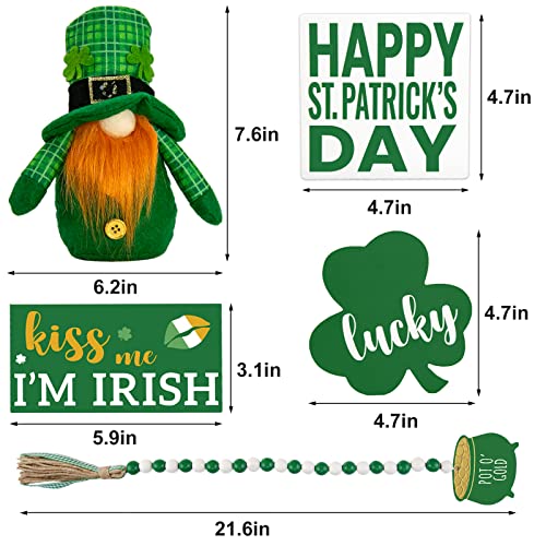 St Patricks Day Decorations - St Patricks Day Decor - Gnomes Plush, 3 Wooden Signs & Bead Garland Bundle - Farmhouse Tiered Tray Items - Irish Shamrock Happy Saint Patrick’s Decoration for Home