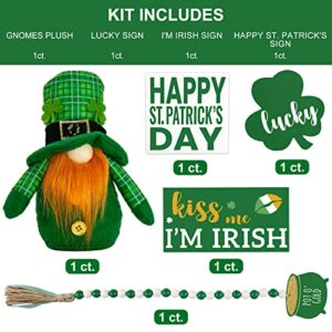 St Patricks Day Decorations - St Patricks Day Decor - Gnomes Plush, 3 Wooden Signs & Bead Garland Bundle - Farmhouse Tiered Tray Items - Irish Shamrock Happy Saint Patrick’s Decoration for Home