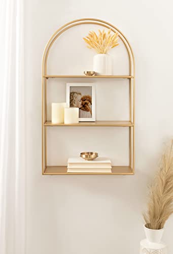 Kate and Laurel Monroe Modern Arched Wall Shelf, 18 x 31, Gold, Decorative 3 Tier Floating Wall Shelves with Glamorous Finish and Robust Storage Capacity