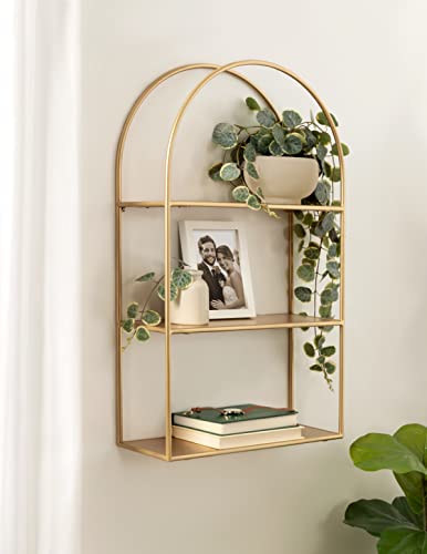 Kate and Laurel Monroe Modern Arched Wall Shelf, 18 x 31, Gold, Decorative 3 Tier Floating Wall Shelves with Glamorous Finish and Robust Storage Capacity