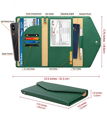 Passport and Vaccine Card Holder Combo, Travel Wallet Women Rfid Blocking Passport Holder with Vaccine Card Slot Card Case Wallet Clutch Purse, Green