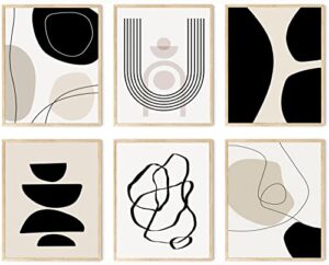 abstract boho wall art prints set of 6, minimalist geometric boho wall art black brown beige line art canvas painting pictures, mid-century modern prints gallery wall posters for bedroom living room bathroom boho room decor(8″ x 10″, unframed)