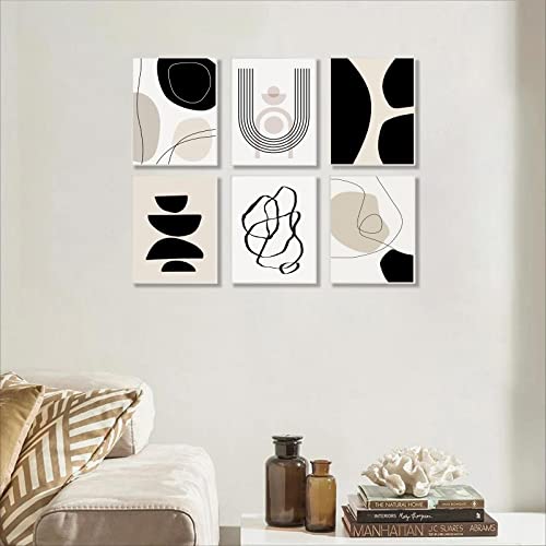 Abstract Boho Wall Art Prints Set of 6, Minimalist Geometric Boho Wall Art Black Brown Beige Line Art Canvas Painting Pictures, Mid-Century Modern Prints Gallery Wall Posters for Bedroom Living Room Bathroom Boho Room Decor(8" X 10", Unframed)