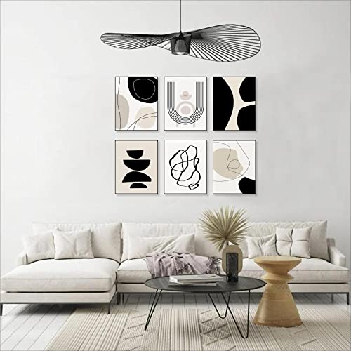 Abstract Boho Wall Art Prints Set of 6, Minimalist Geometric Boho Wall Art Black Brown Beige Line Art Canvas Painting Pictures, Mid-Century Modern Prints Gallery Wall Posters for Bedroom Living Room Bathroom Boho Room Decor(8" X 10", Unframed)