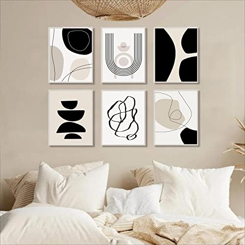 Abstract Boho Wall Art Prints Set of 6, Minimalist Geometric Boho Wall Art Black Brown Beige Line Art Canvas Painting Pictures, Mid-Century Modern Prints Gallery Wall Posters for Bedroom Living Room Bathroom Boho Room Decor(8" X 10", Unframed)