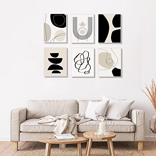 Abstract Boho Wall Art Prints Set of 6, Minimalist Geometric Boho Wall Art Black Brown Beige Line Art Canvas Painting Pictures, Mid-Century Modern Prints Gallery Wall Posters for Bedroom Living Room Bathroom Boho Room Decor(8" X 10", Unframed)