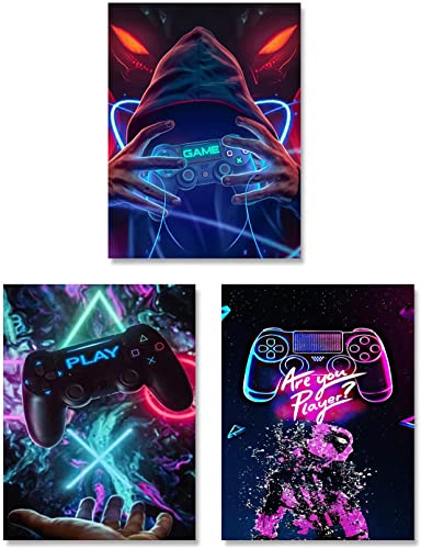 Neon Gaming Art Posters, 12"x16" Video Game Canvas Wall Art, Gamepad Playstation Controller Decorative Interior Painting Wall Art Posters for Teenage Boys Room Playroom Decor, (Set of 3-Unframed)