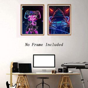 Neon Gaming Art Posters, 12"x16" Video Game Canvas Wall Art, Gamepad Playstation Controller Decorative Interior Painting Wall Art Posters for Teenage Boys Room Playroom Decor, (Set of 3-Unframed)