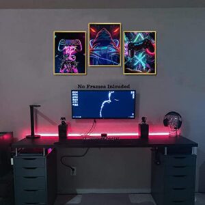 Neon Gaming Art Posters, 12"x16" Video Game Canvas Wall Art, Gamepad Playstation Controller Decorative Interior Painting Wall Art Posters for Teenage Boys Room Playroom Decor, (Set of 3-Unframed)