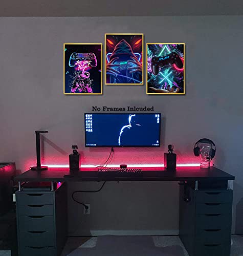 Neon Gaming Art Posters, 12"x16" Video Game Canvas Wall Art, Gamepad Playstation Controller Decorative Interior Painting Wall Art Posters for Teenage Boys Room Playroom Decor, (Set of 3-Unframed)