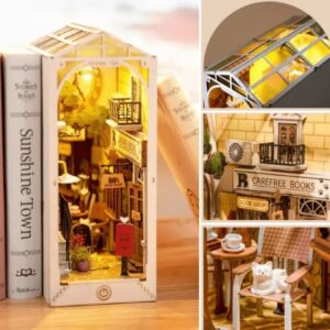 Rolife DIY Book Nook Kit Wooden Decorative Bookends for Home Decor (Sakura Densya+Sunshine Town)