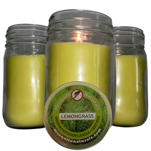 Mosquito Naturals Lemongrass Candles with Essential Oils - Made in USA - (Set of 3) for Patio, Deck, Outdoor or Indoor Use – All Natural, Soy Base Candles, 9 oz Jars with Lid