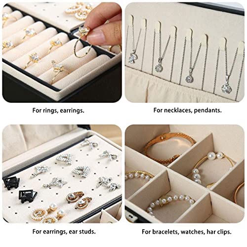 NuAngela Large Jewelry Box Organizer for Women Girls, 2 Layer Jewelry Storage Case, PU Leather Display Jewellery Holder With Removable Tray for Necklace Earrings Rings Bracelets (Black)