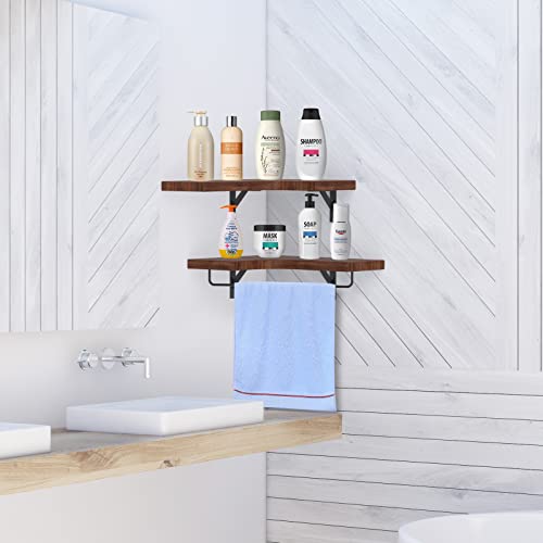 Buwico Corner Floating Shelves, 2 Pack Rustic Wall Shelves with Towel Bar, Floating Wall Shelves for Living Room, Solid Wood Corner Wall Shelf for Bedroom, Bathroom, Kitchen, Office